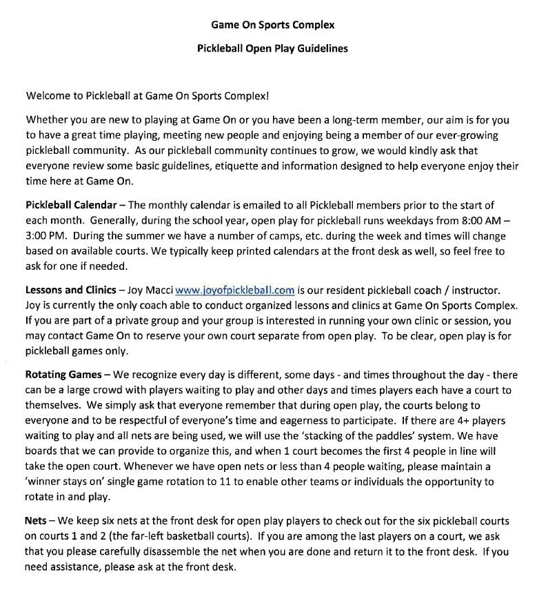 Pickleball Pick-up Information