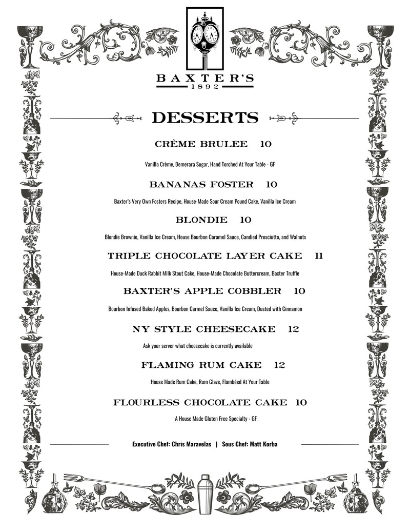 Baxter's 1892 Restaurant - Menu