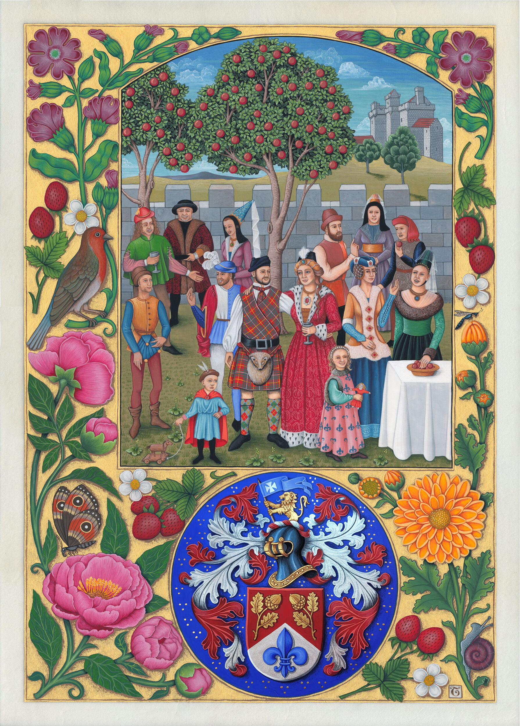 A medieval style illuminated page featuring the arms of Baron Brady ...