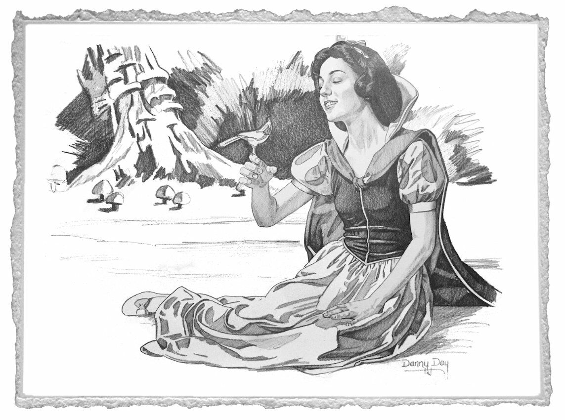 Snow White and Bird - pencil drawing by Danny Day