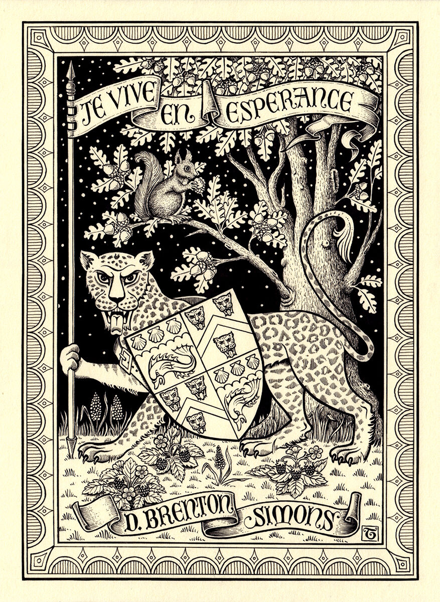 Heraldic bookplate featuring the arms of Mr Brenton Simons