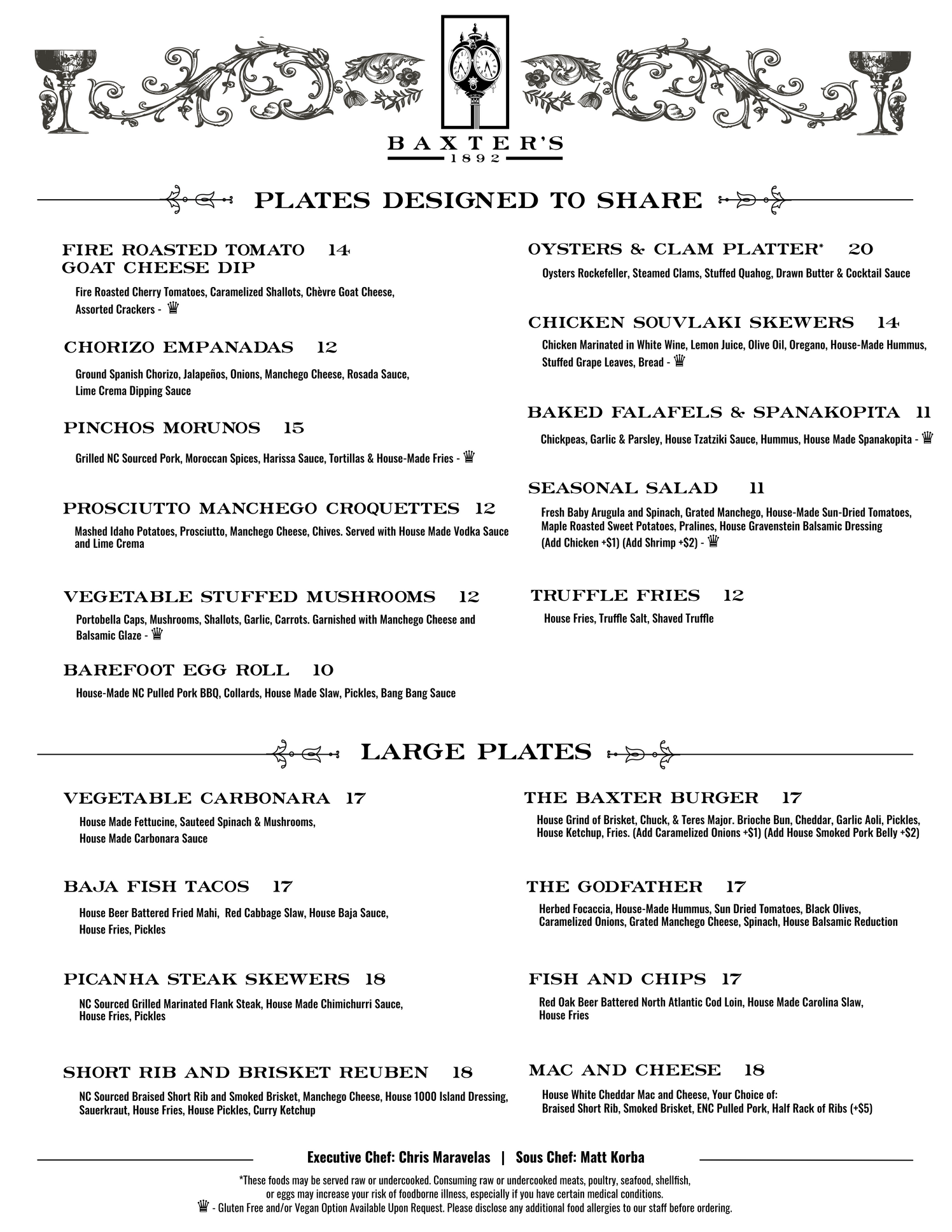 Baxter's 1892 Restaurant - Menu