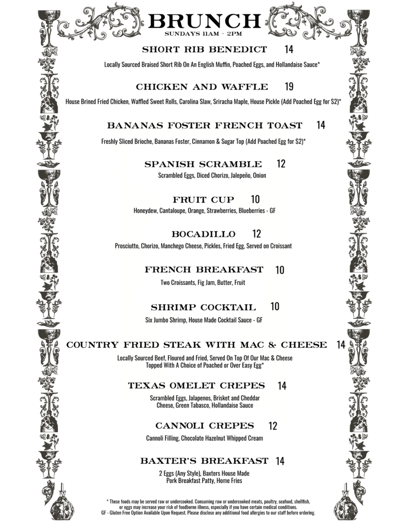 Baxter's 1892 Restaurant - Menu